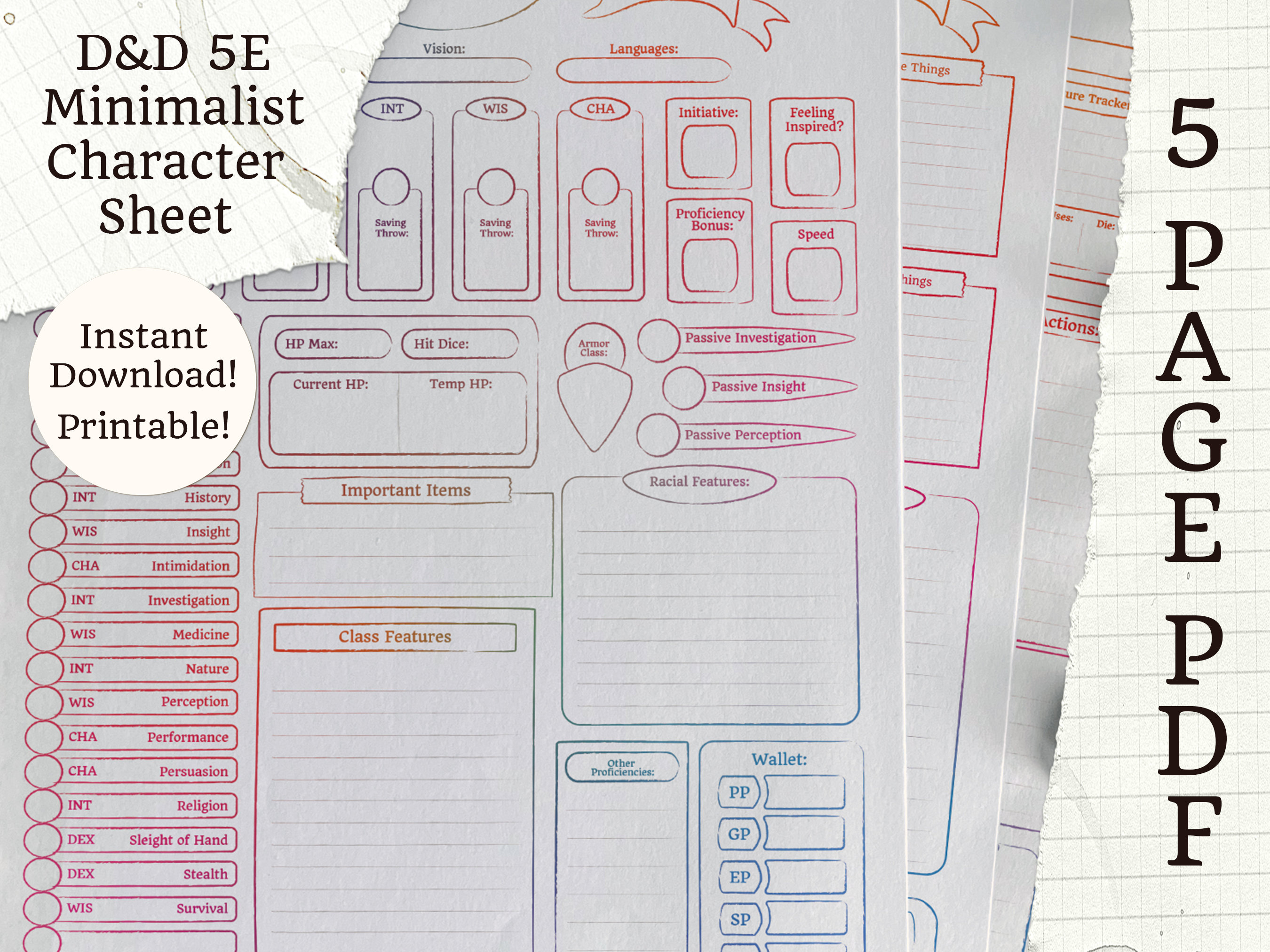 Printable 5E Character Sheet | Minimalist Rainbow | 5 Page PDF | D&D - Etsy