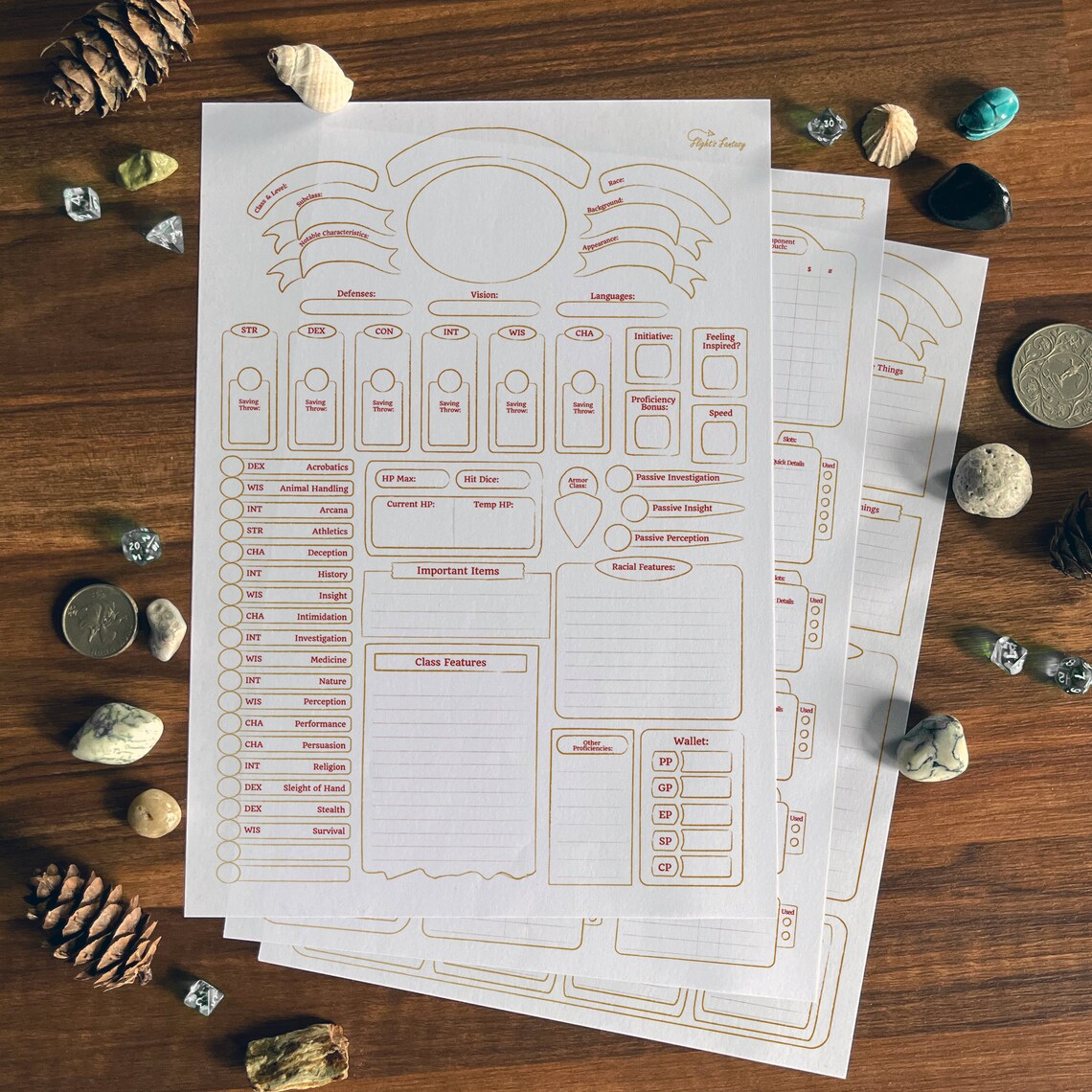 Printable 5E Character Sheet | Minimalist Gold | 7 Page PDF + Map Cover ...