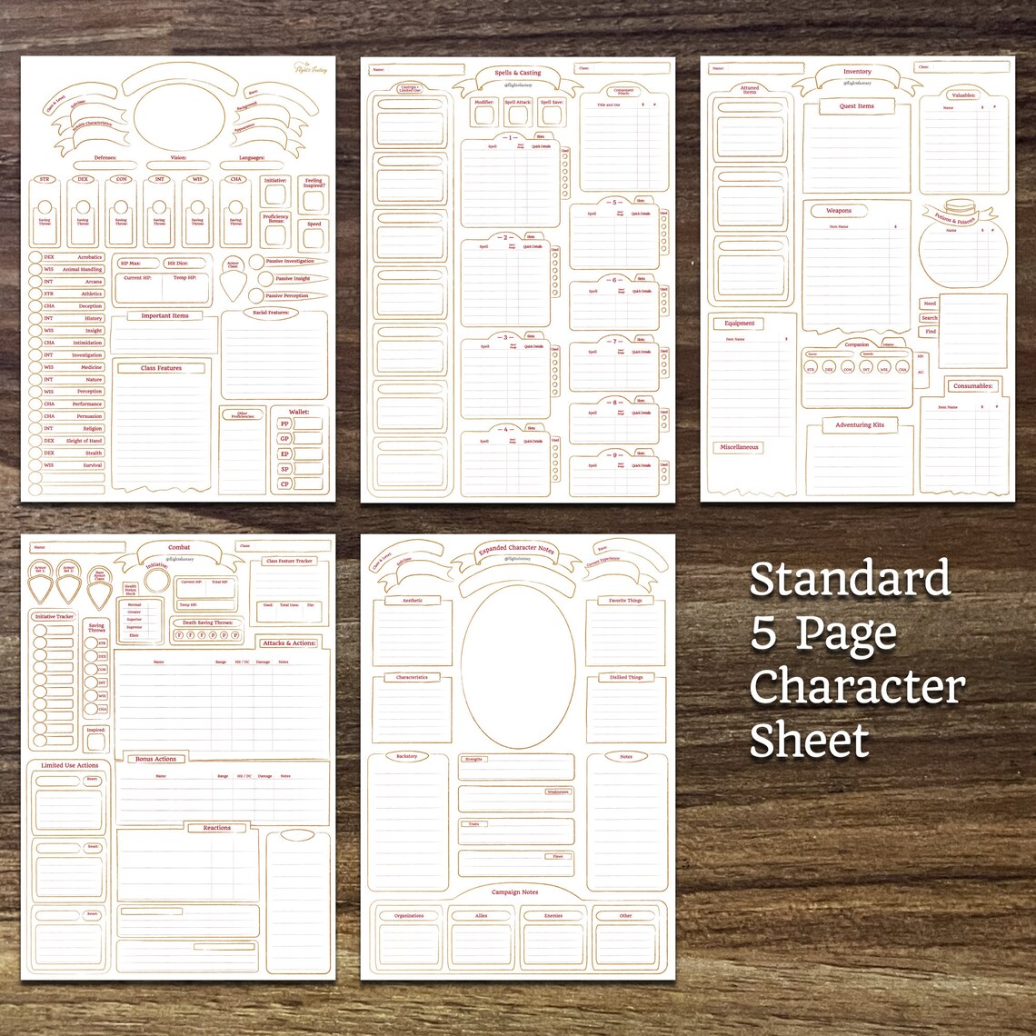 Printable 5E Character Sheet | Minimalist Gold | 7 Page PDF + Map Cover ...