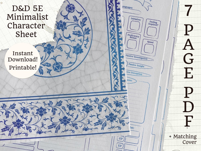 Printable 5E Character Sheet | Minimalist Blue | 7 Page PDF + Delft ...