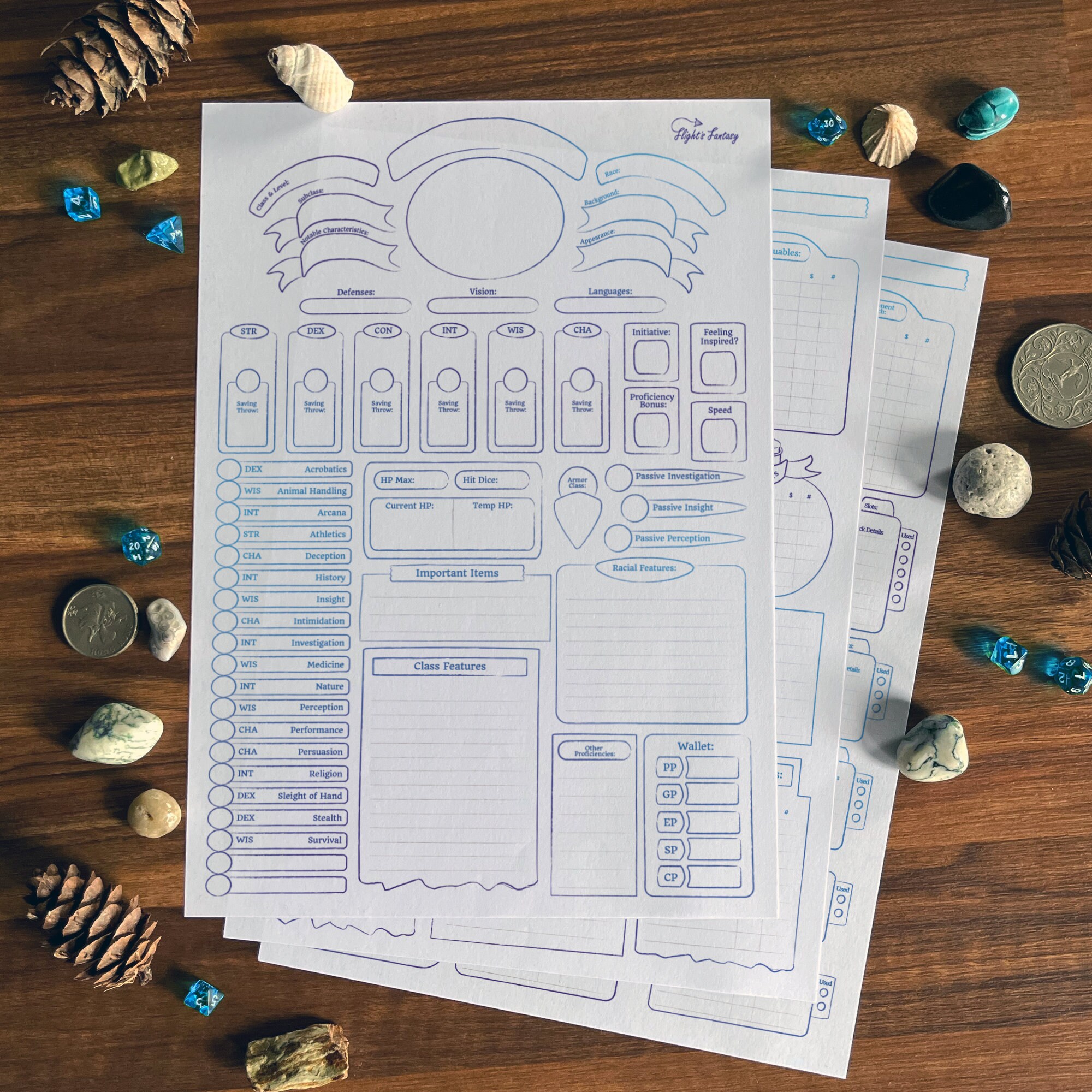 Printable 5E Character Sheet | Minimalist Blue | 5 Page PDF | D&D - Etsy