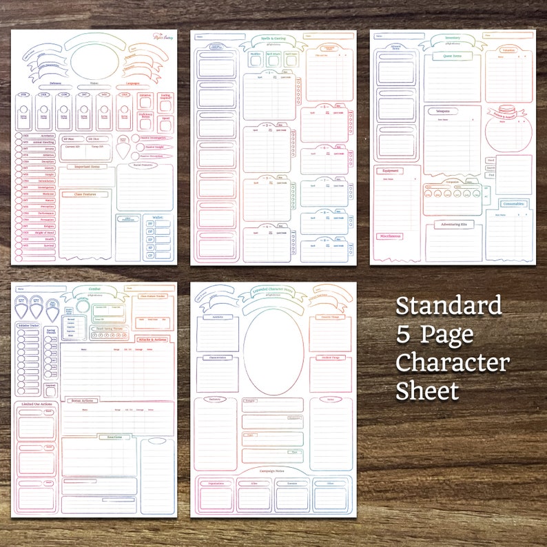 Printable 5E Character Sheet Minimalist Rainbow 7 Page PDF Mushroom ...