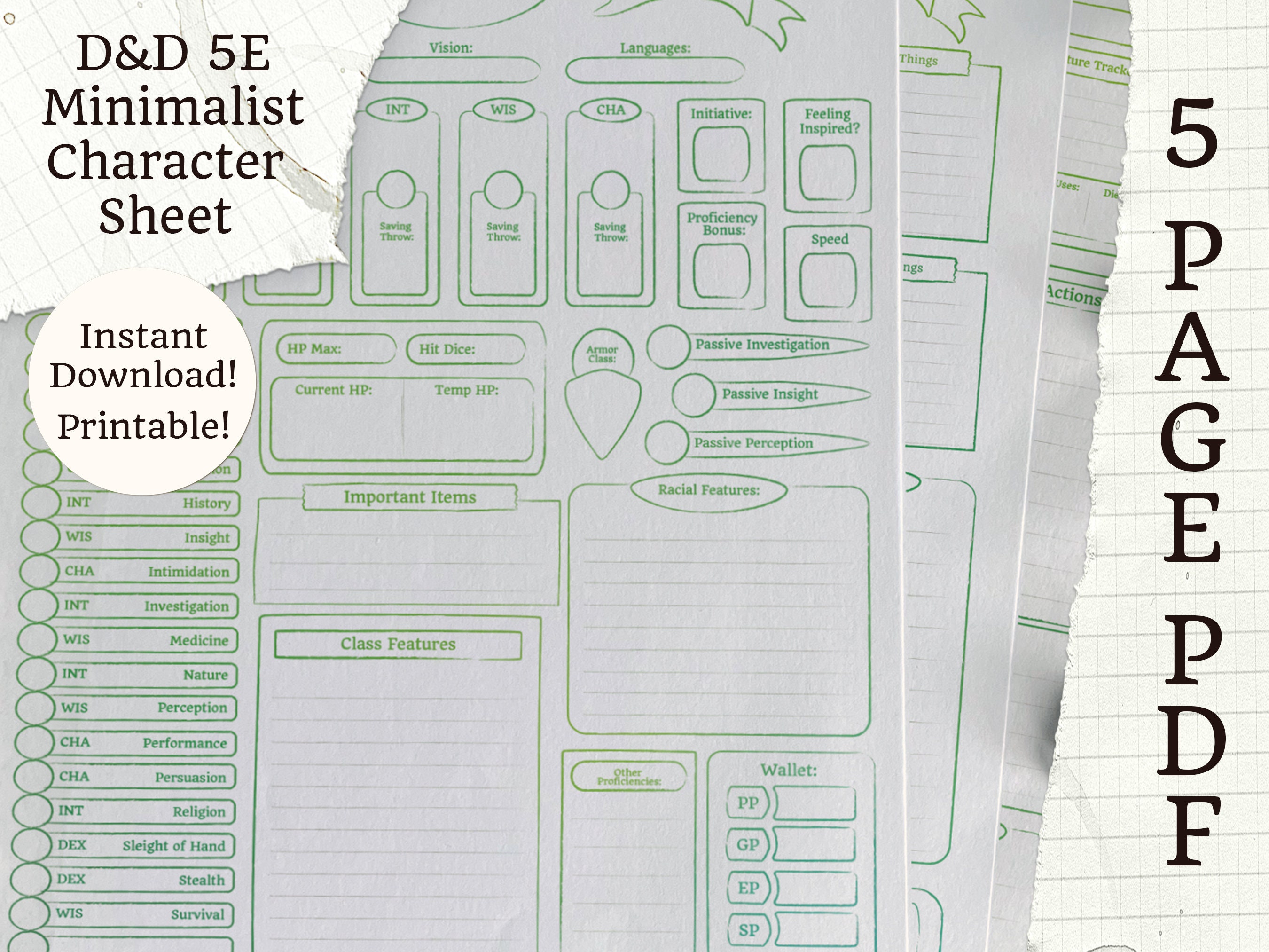 Printable 5E Character Sheet | Minimalist Green | 5 Page PDF | D&D - Etsy