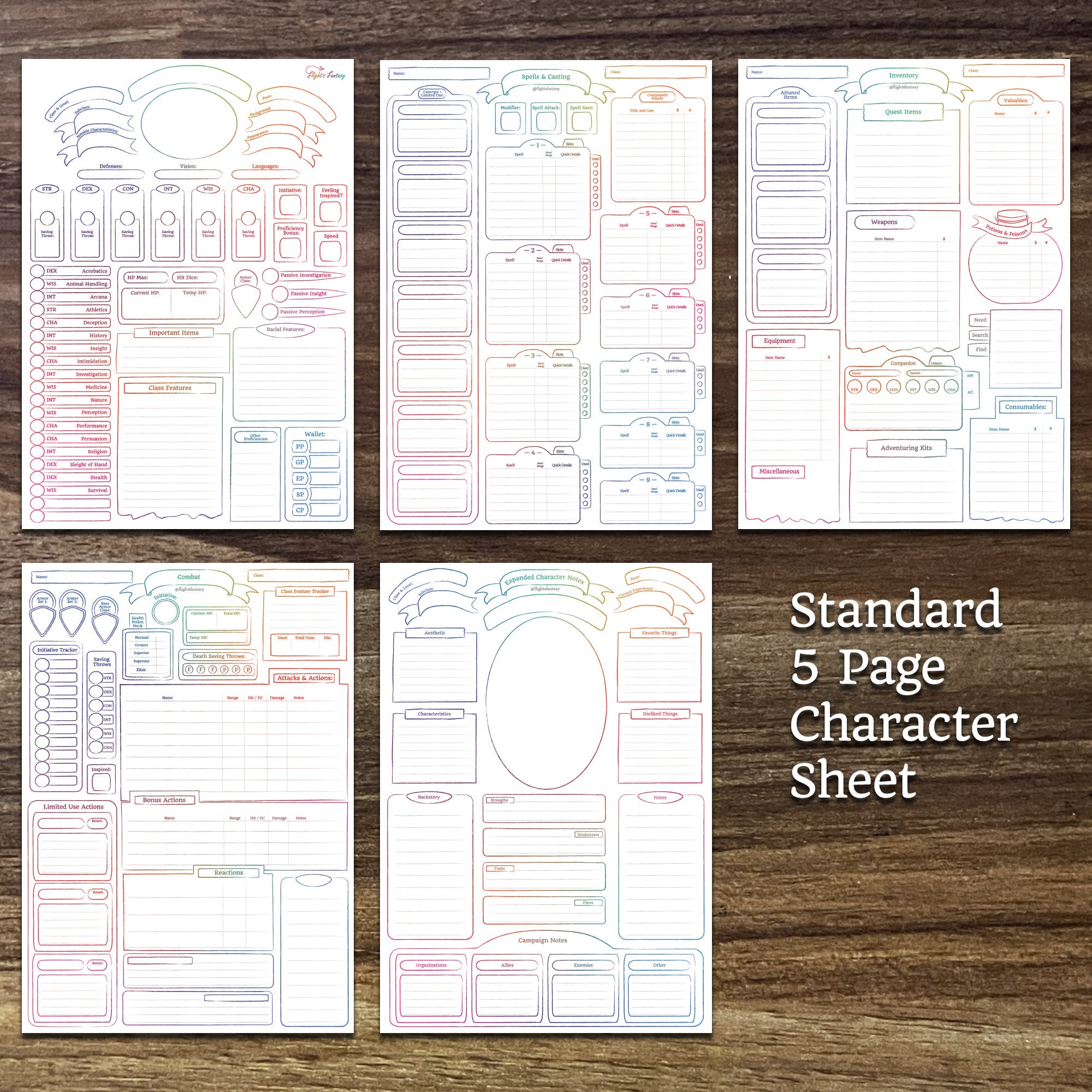 Printable 5E Character Sheet Minimalist Rainbow 5 Page PDF D&D - Etsy