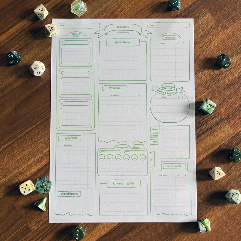 Printable 5E Character Sheet | Minimalist Green | 5 Page PDF | D&D - Etsy
