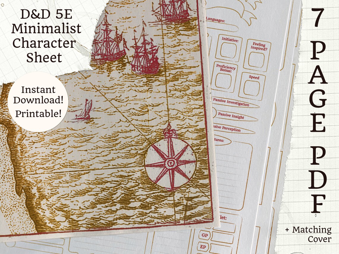 Printable 5E Character Sheet | Minimalist Gold | 7 Page PDF + Map Cover ...
