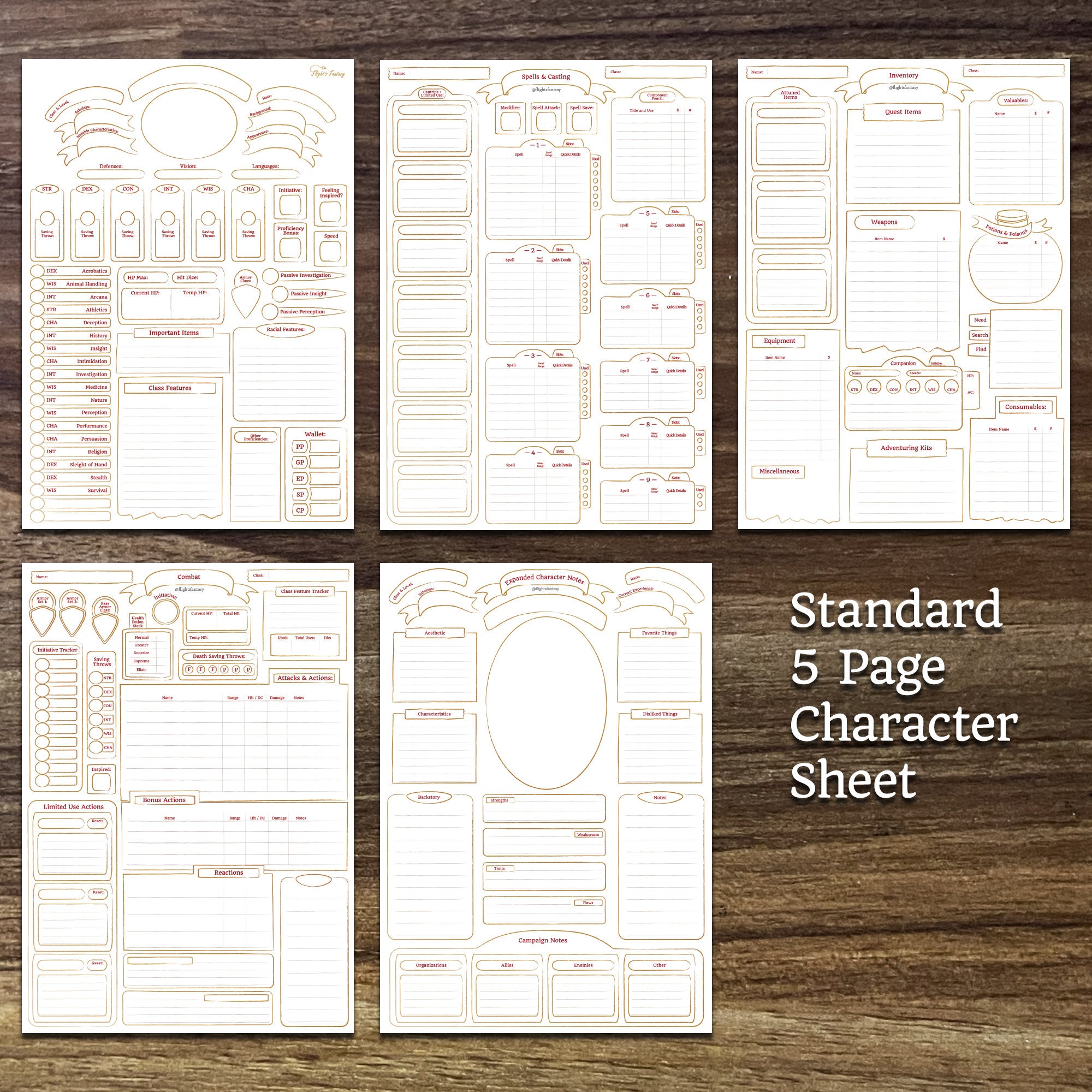 Printable 5E Character Sheet | Minimalist Gold | 5 Page PDF | D&D - Etsy