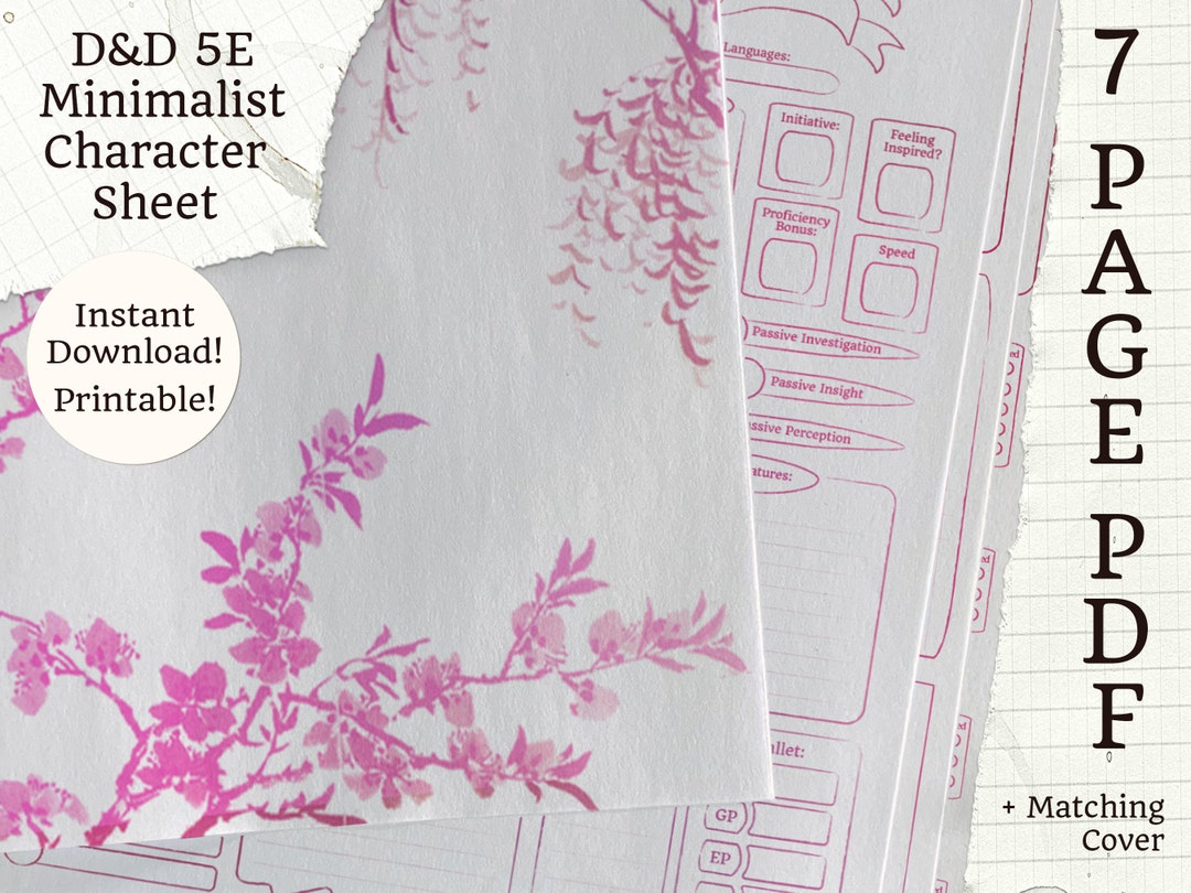 Printable 5E Character Sheet | Minimalist Pink | 7 Page PDF + Ink ...