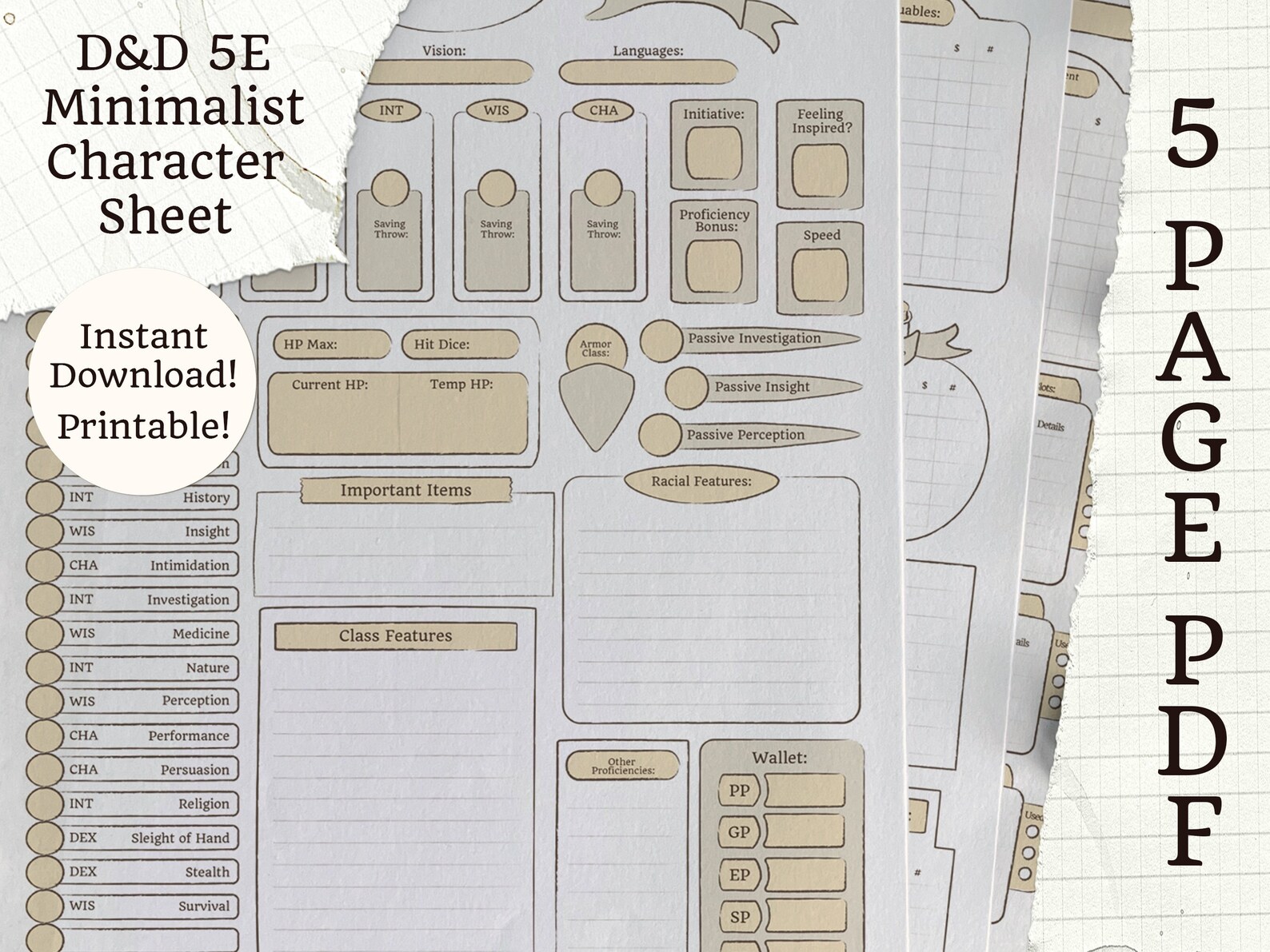 Printable 5E Character Sheet | Minimalist Neutral | 5 Page PDF | D&D - Etsy