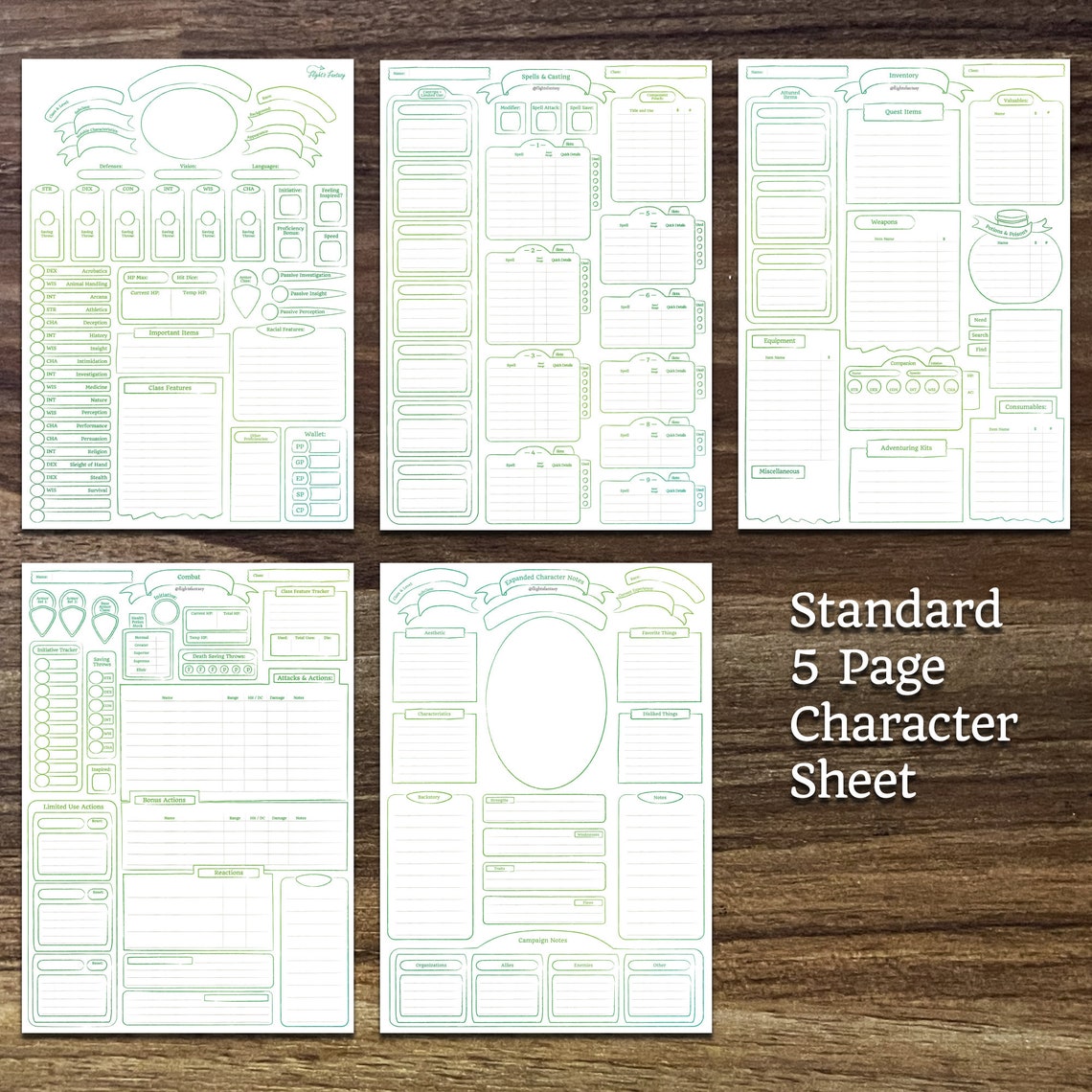 Printable 5E Character Sheet Minimalist Green 5 Page PDF D&D - Etsy