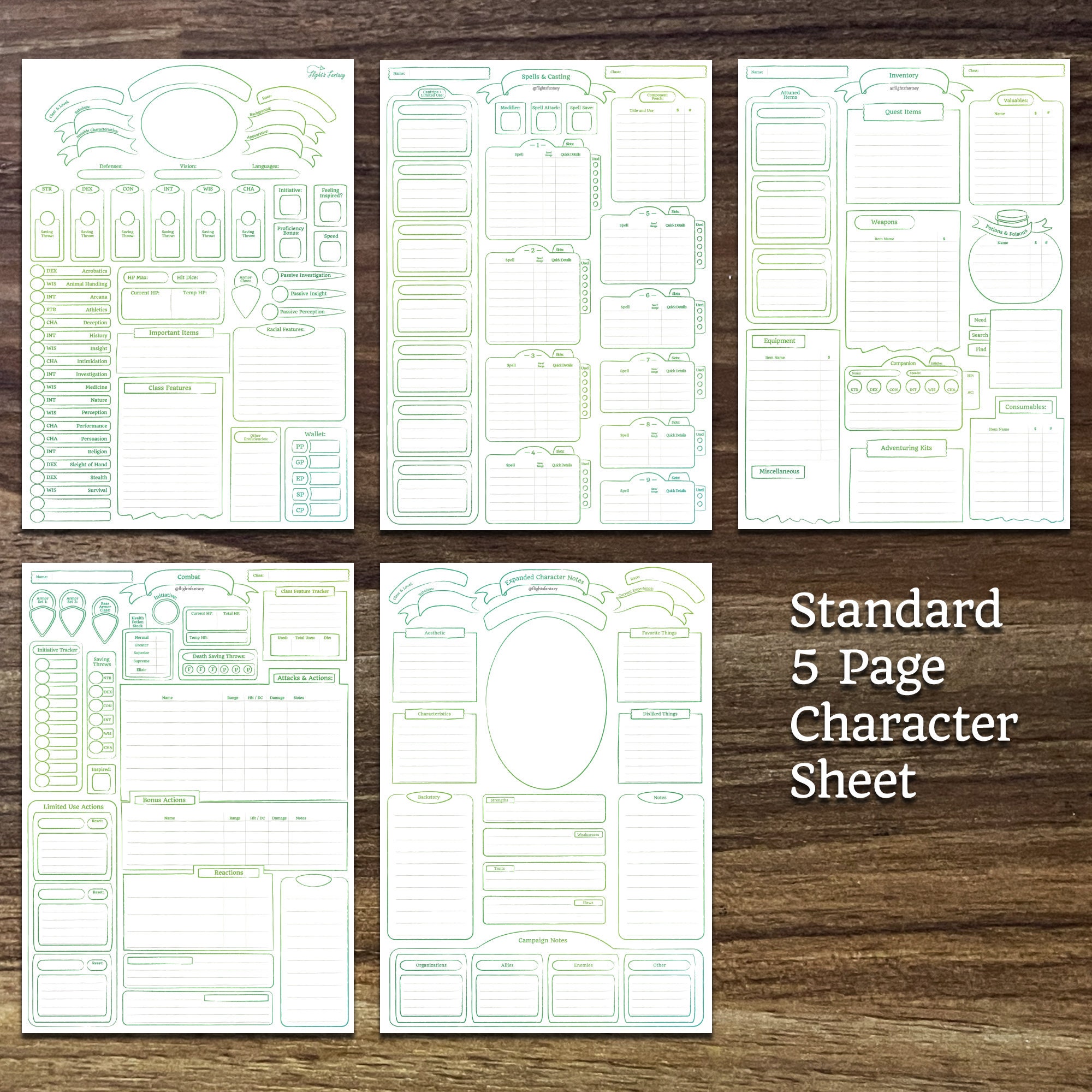 Printable 5E Character Sheet | Minimalist Green | 5 Page PDF | D&D - Etsy