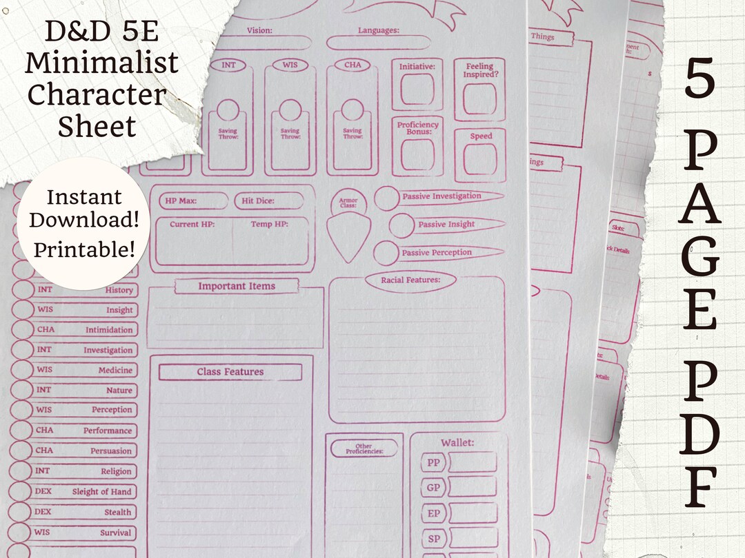 Printable 5E Character Sheet | Minimalist Pink | 5 Page PDF | D&D - Etsy
