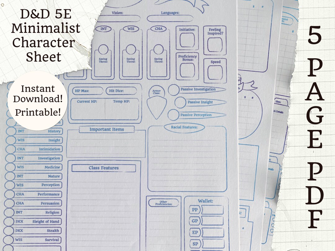 Printable 5E Character Sheet | Minimalist Blue | 5 Page PDF | D&D - Etsy