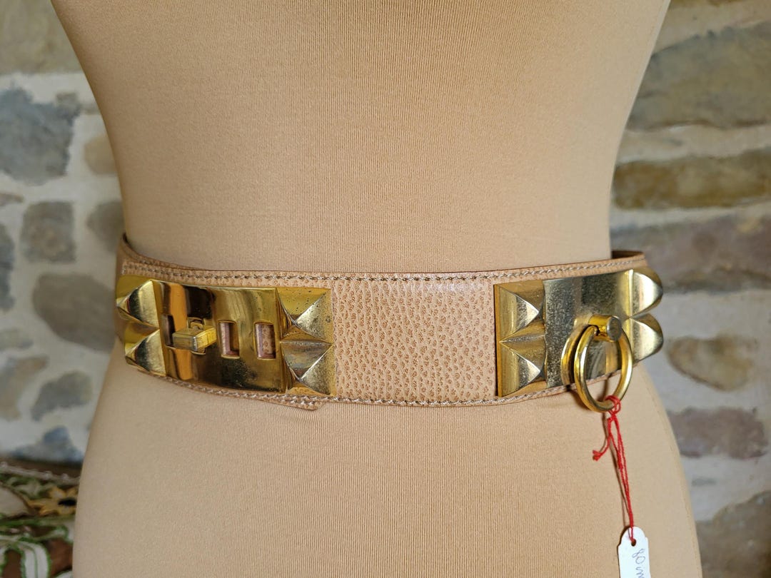 Beige Leather Belt With Gold Metal Stud Plaques, NWT - Etsy