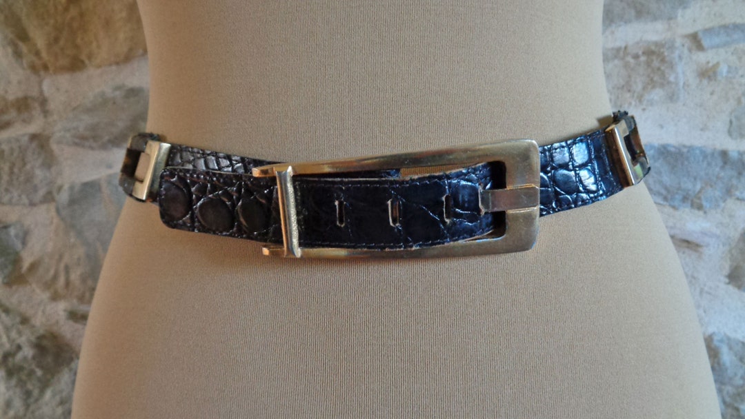 Black Mock Crock Belt With Gold Metal Buckle, Leo Isba Vintage 1970s ...