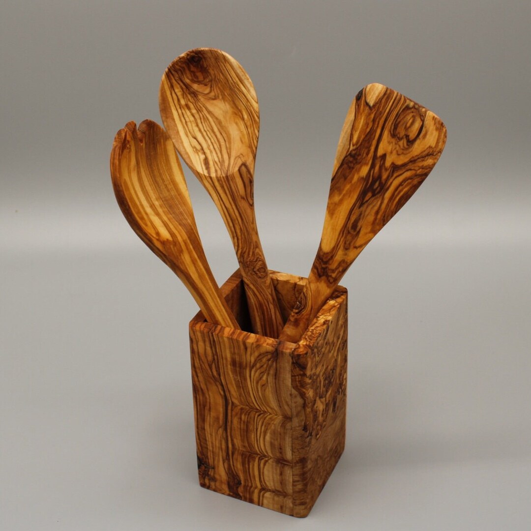 Handmade Olive Wood Kitchen Utensil Set – Utensil Holder + 3 Pieces ...