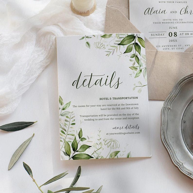 Greenery Wedding Details Card Template – Modern & Simple Canva Insert ...