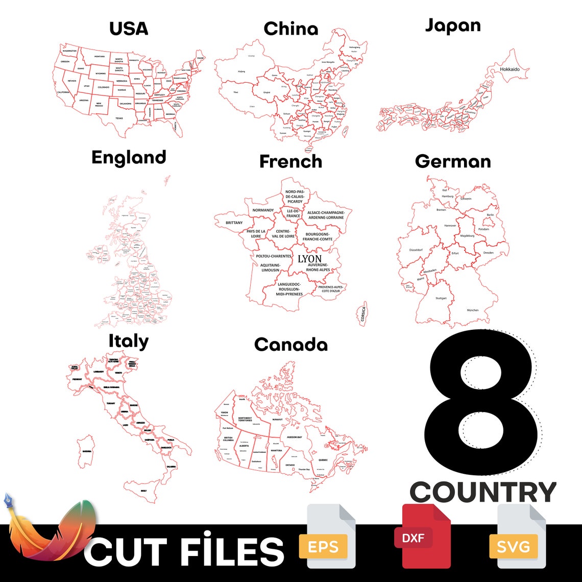 Countries Map Laser Cut Svg File, USA - China - Japan - German ...