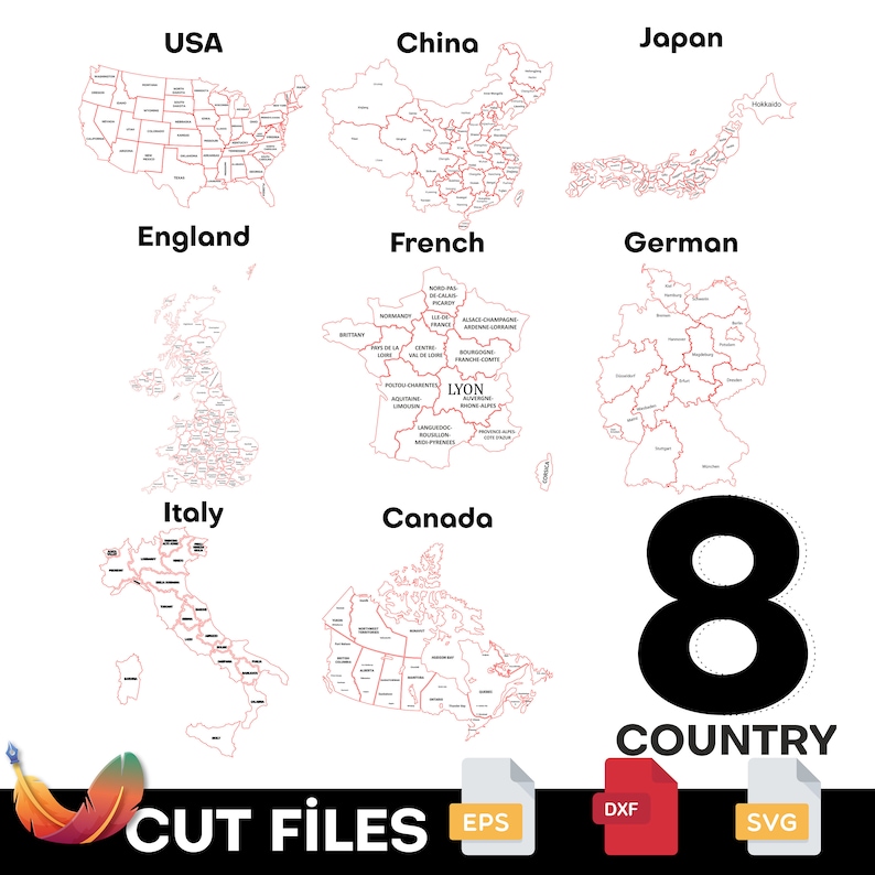 Countries Map Laser Cut Svg File, USA - China - Japan - German ...