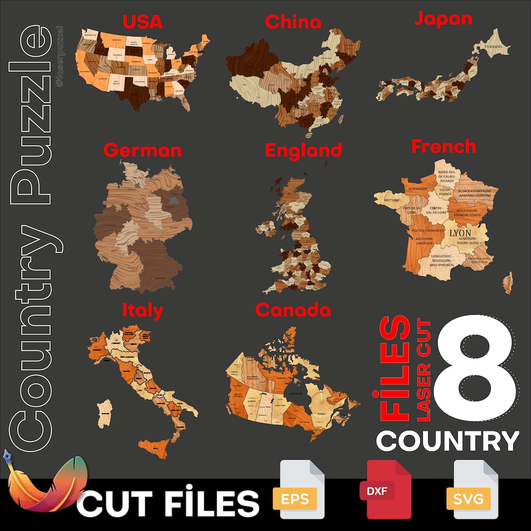 Countries Map Laser Cut Svg File, USA - China - Japan - German ...