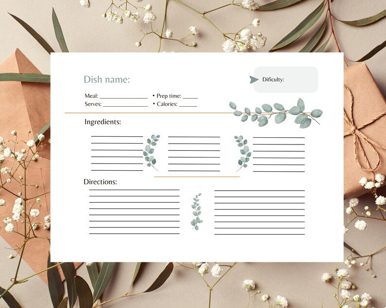 Recipe Card Template Printable and Editable in Canva. Eucalyptus ...