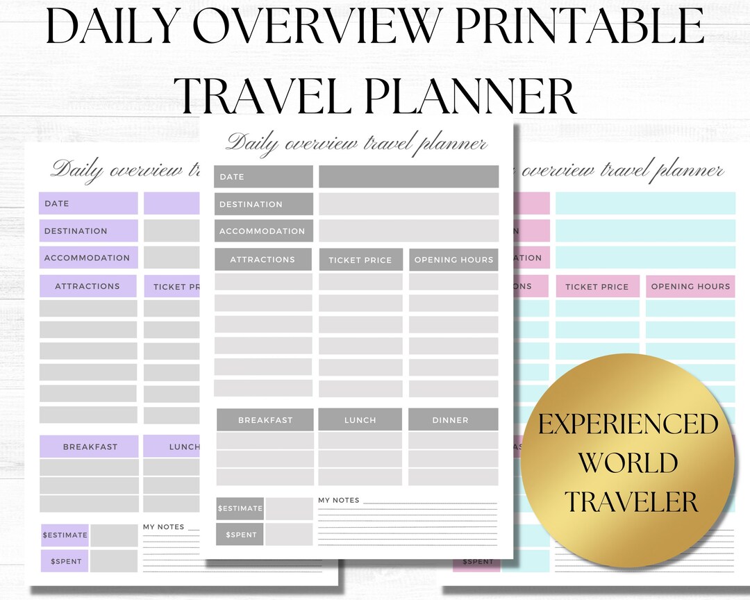 Daily Overview Printable Travel Planner. 3 Colors Bundle Printable ...