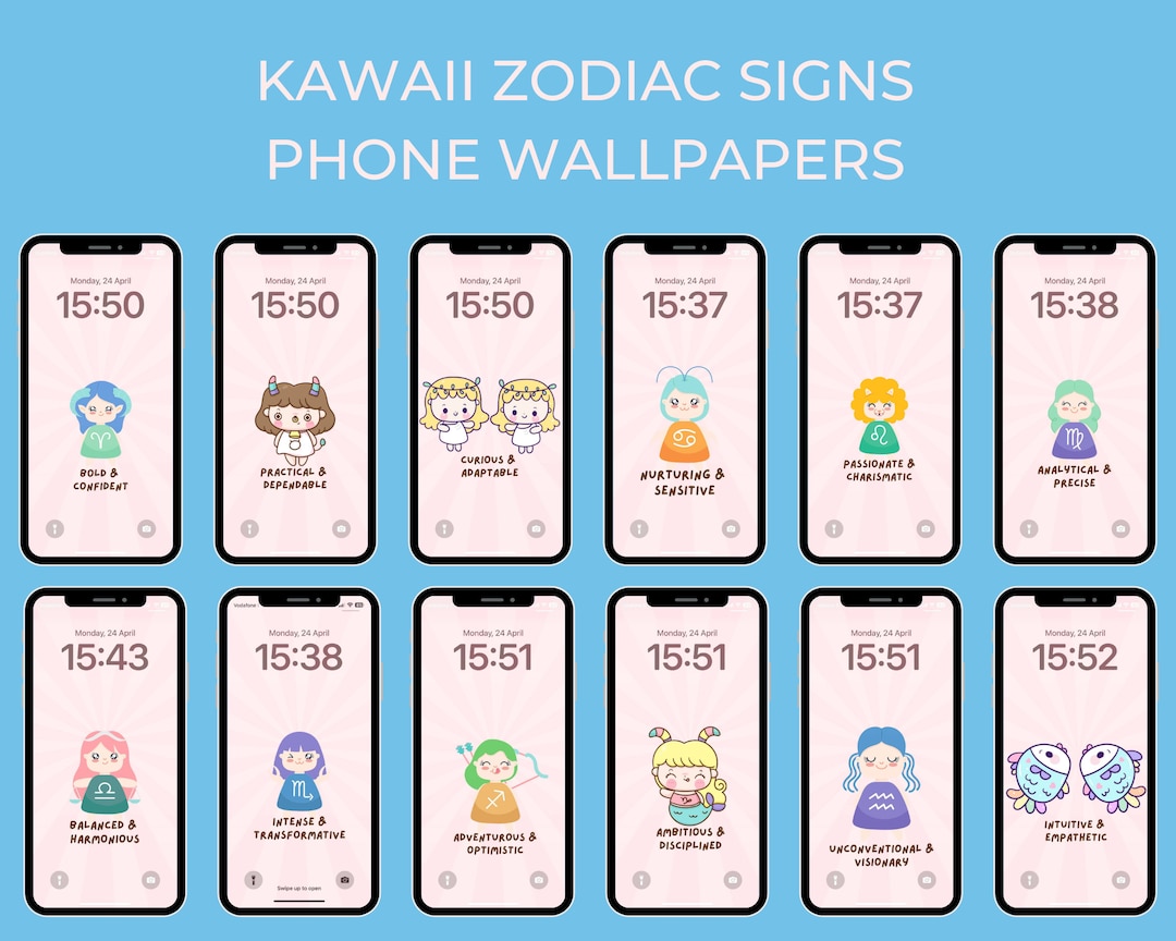 12 Kawaii Zodiac Phone Wallpapers. Astrology Phone Background Bundle of ...