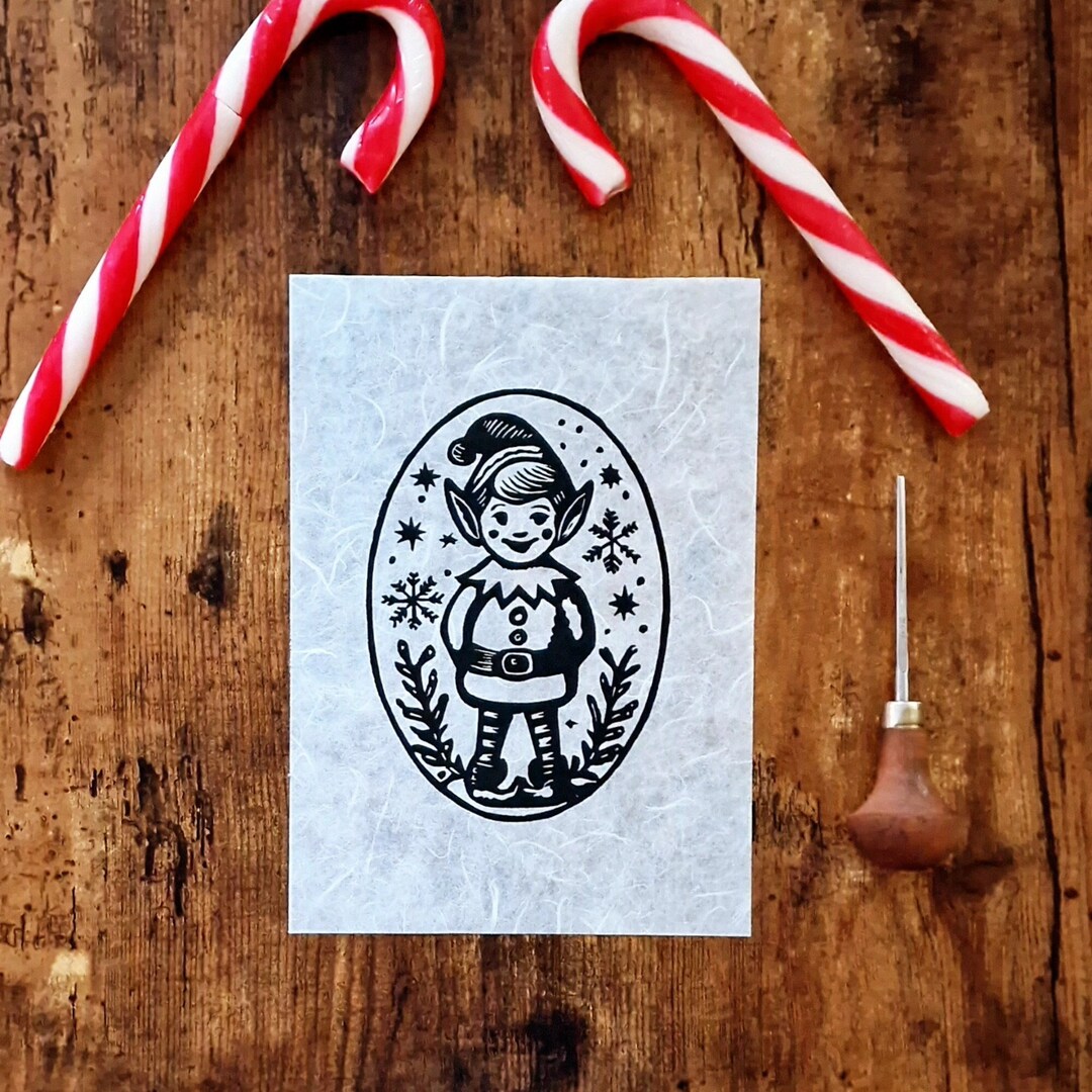 Original Hand-printed Linocut Snowflake Christmas Elf Elf Vintage Gift ...