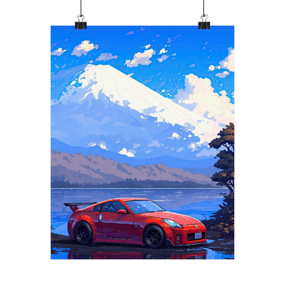 Pixel Art of 350z and Mt Fuji, Wall Art, Home Decor, Matte Prints ...