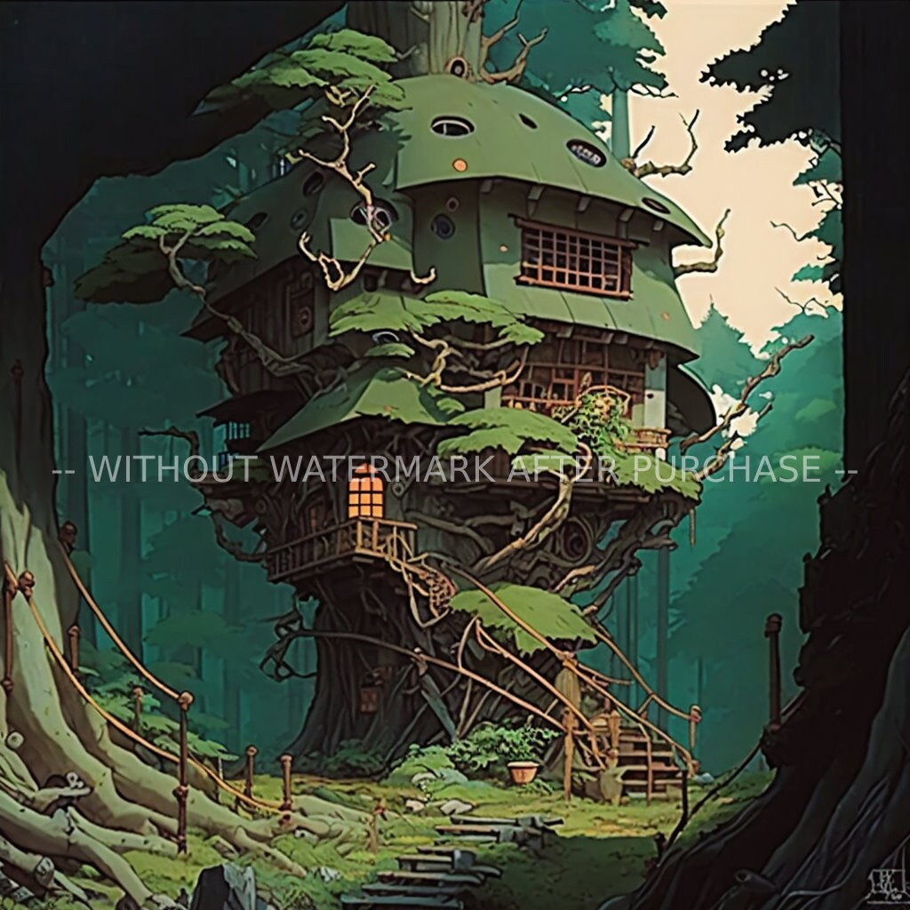 Green Tree House in Forest, Anime, Midjourney Picture, Neural Network ...
