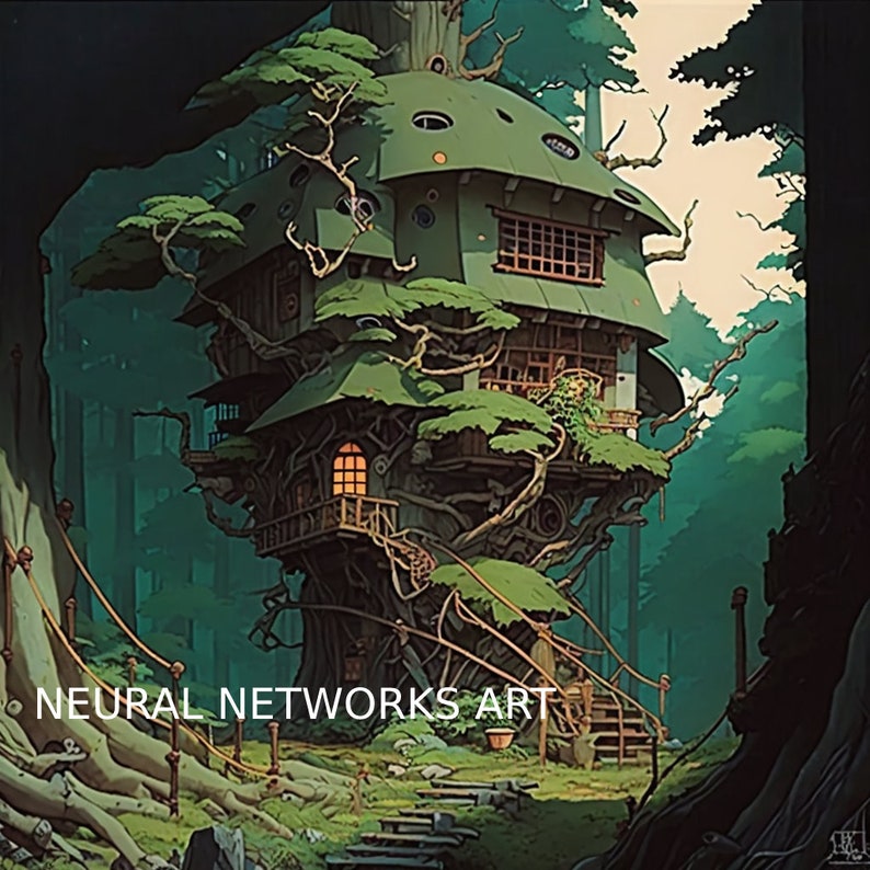 Green Tree House in Forest, Anime, Midjourney Picture, Neural Network ...