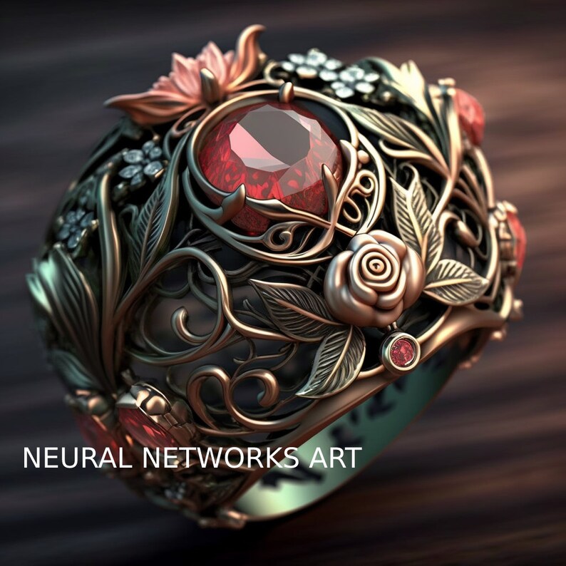 Jewelry Design, Gold Ring With Rose Ornament, Neural Network Painting ...