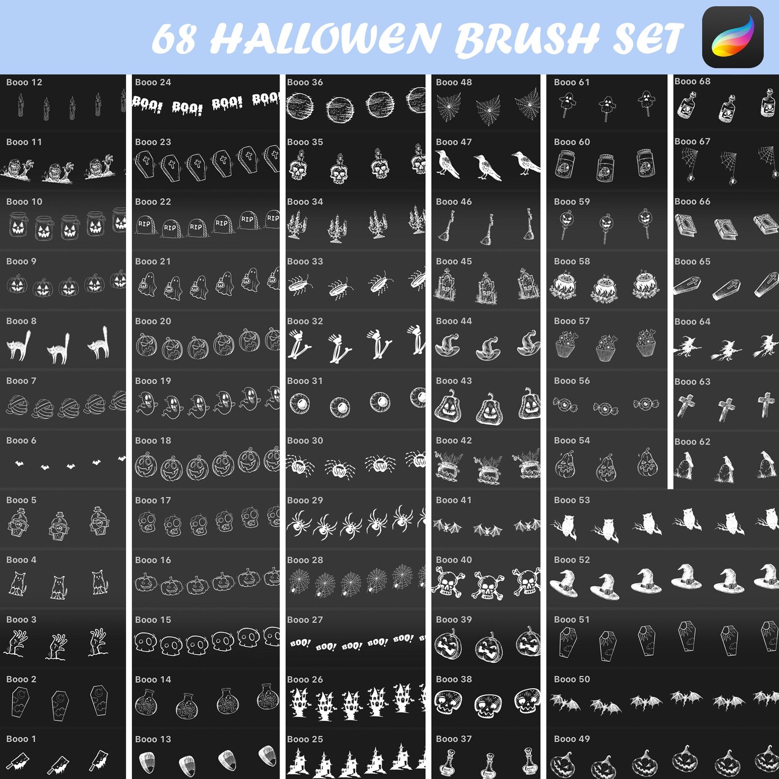 68 Halloween Procreate Stamp Brush Set | Cute Tattoo Designs - Etsy