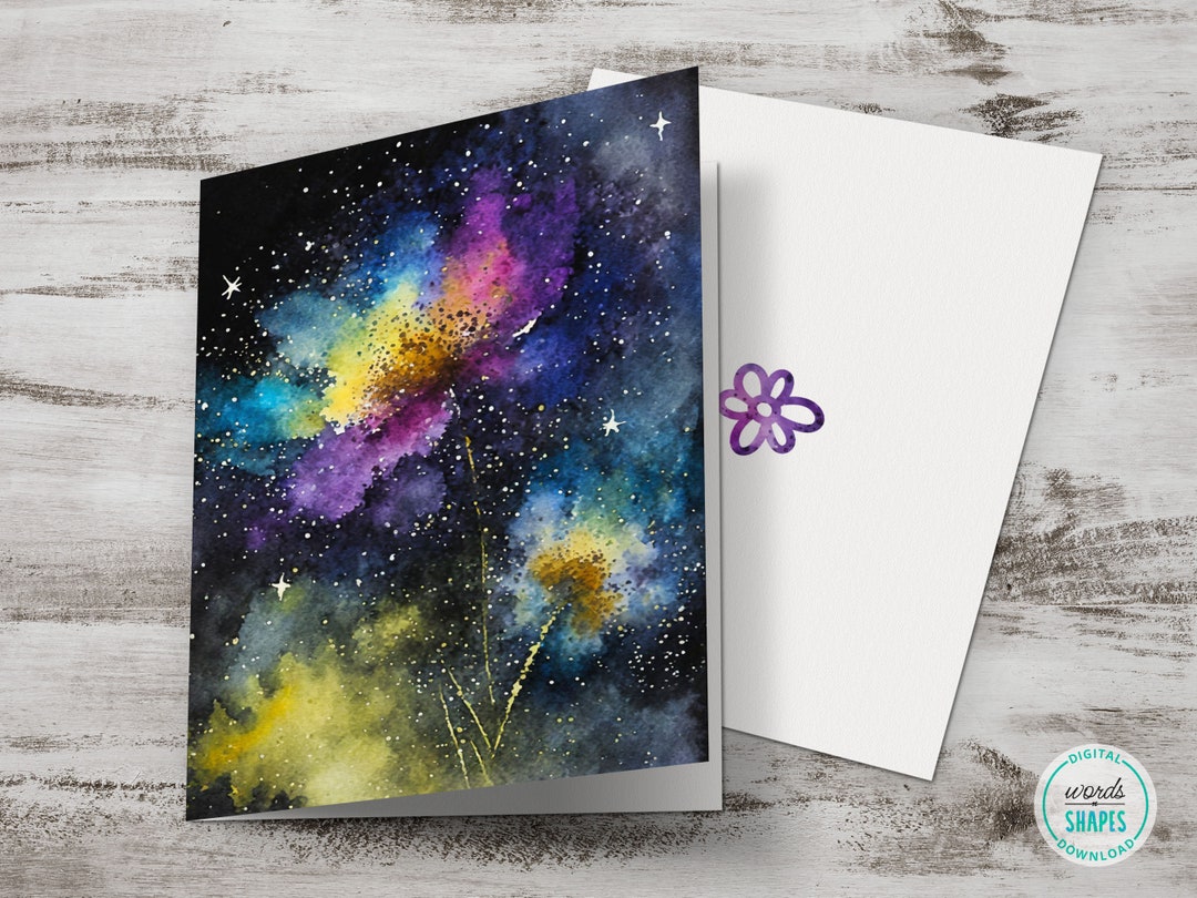 Printable Greeting Card, Starry Night Sky Card, Galaxy Flower Card, Any ...
