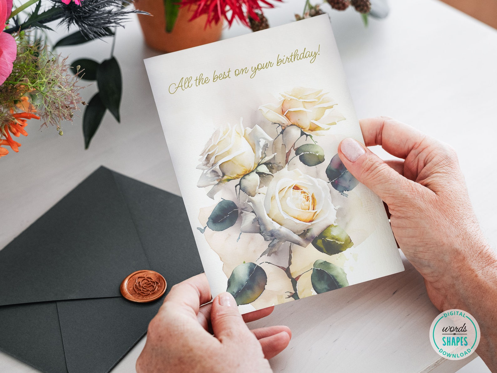 White Roses Birthday Card Printable Happy Birthday Card - Etsy