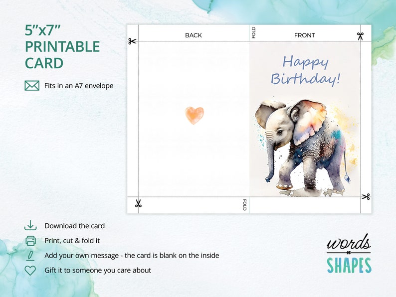 Printable Happy Birthday Card, Cute Watercolor Elephant Calf Greeting ...