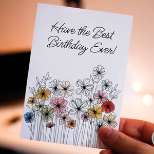 Printable Colorful Birthday Card, Floral Happy Birthday Card, Line Art ...