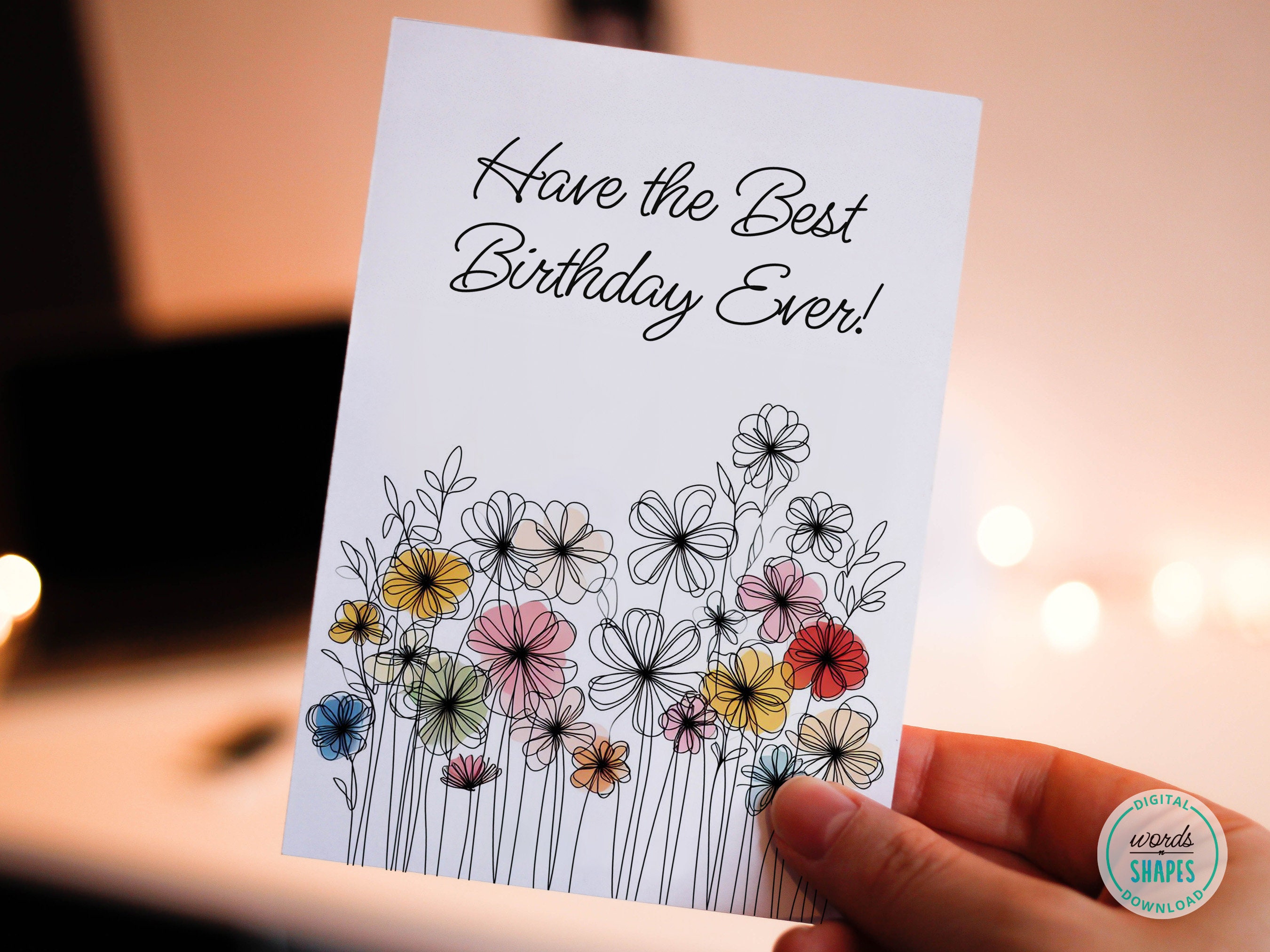 Printable Colorful Birthday Card, Floral Happy Birthday Card, Line Art ...