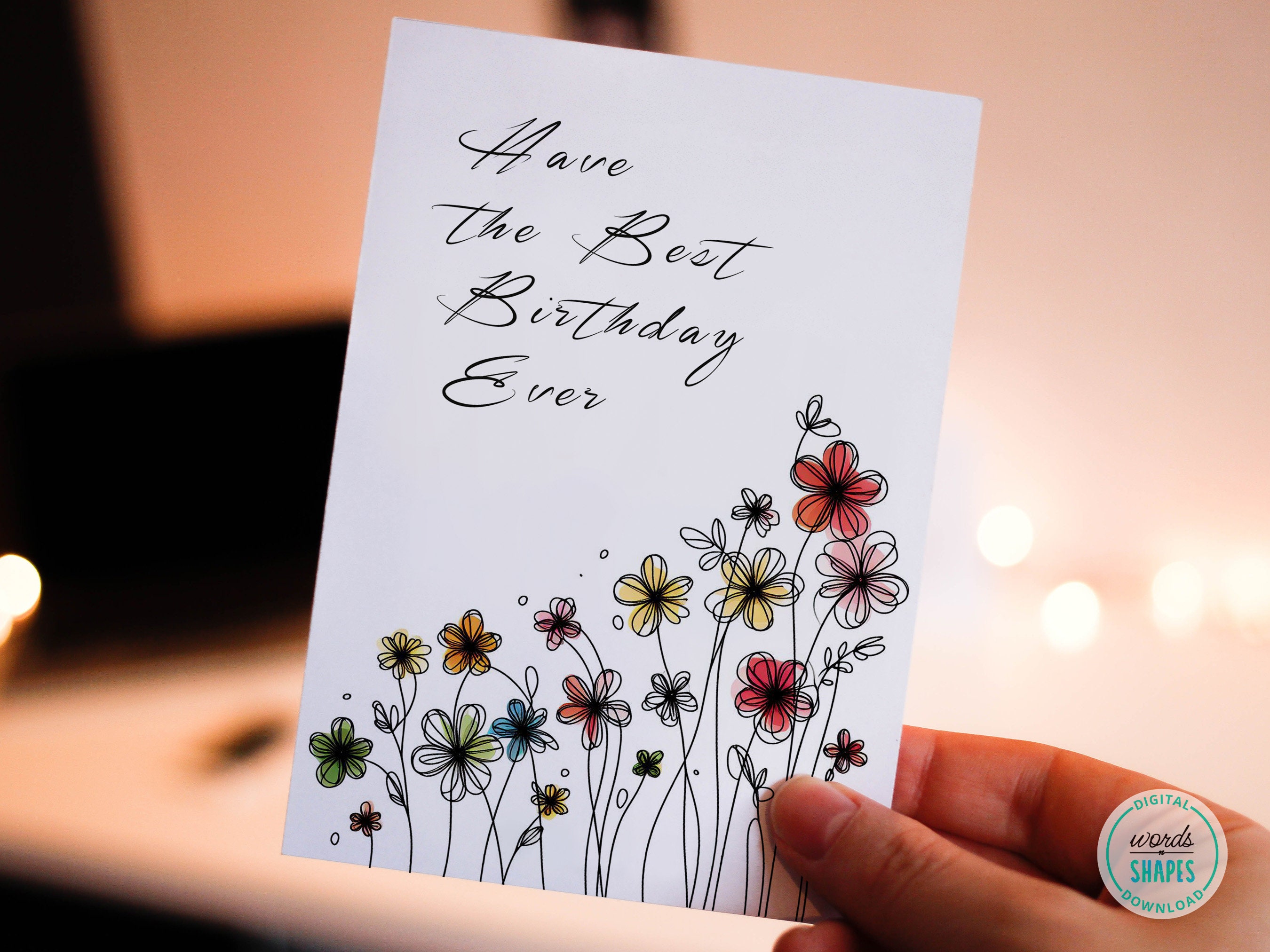 Printable Colorful Birthday Card, Line Art Greeting Card, Floral Happy ...