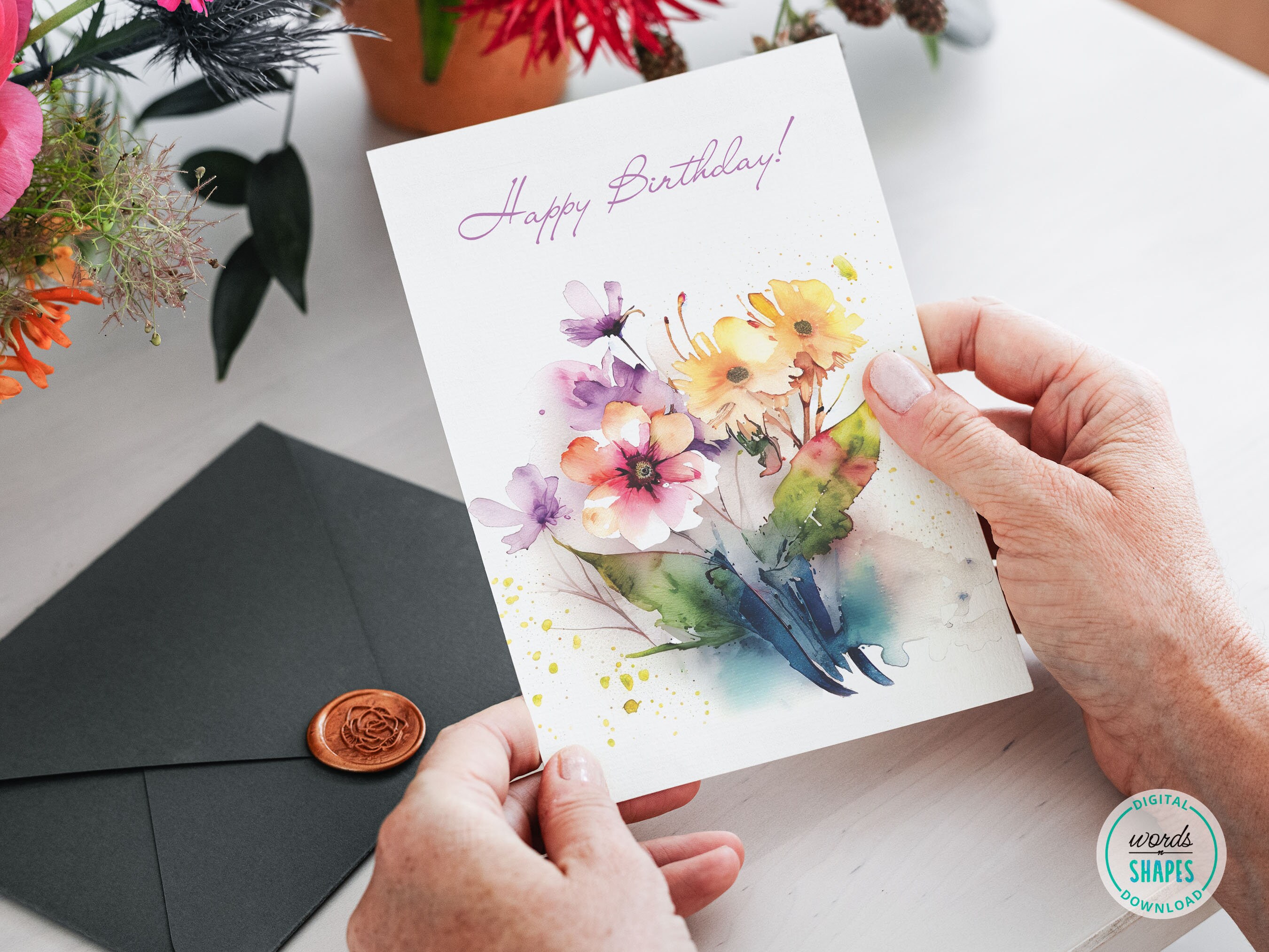 Printable Happy Birthday Card, Watercolor Spring Flowers Birthday Card ...