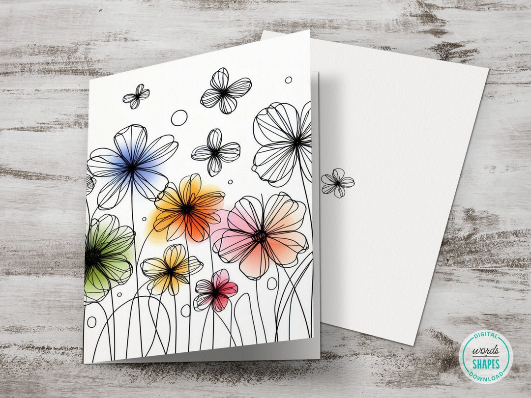 Printable Colorful Spring Flowers Card, Floral Line Art Card, Any ...