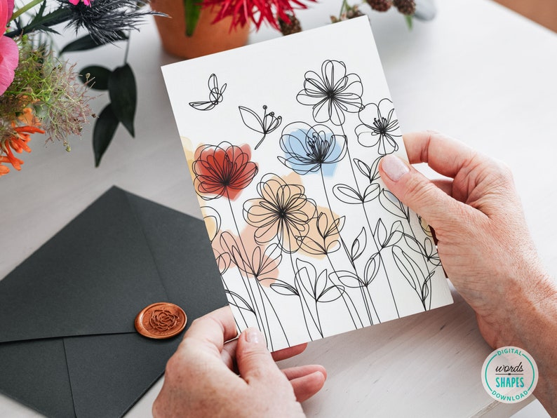 Printable Floral Line Art Card, Colorful Spring Flowers Card, Any ...