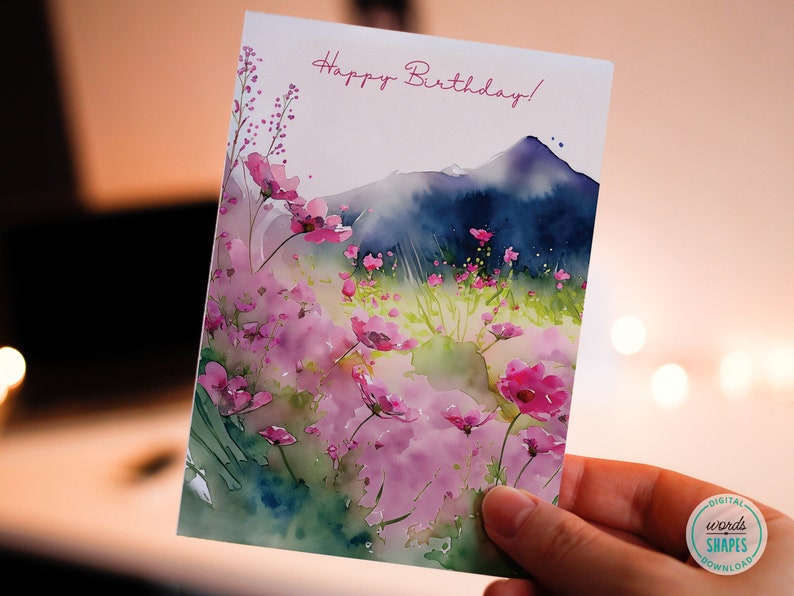 Printable Happy Birthday Card, Pink Mountain Meadow Watercolor Painting ...