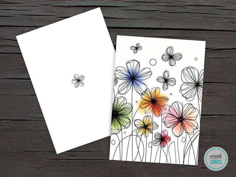 Printable Colorful Spring Flowers Card, Floral Line Art Card, Any ...