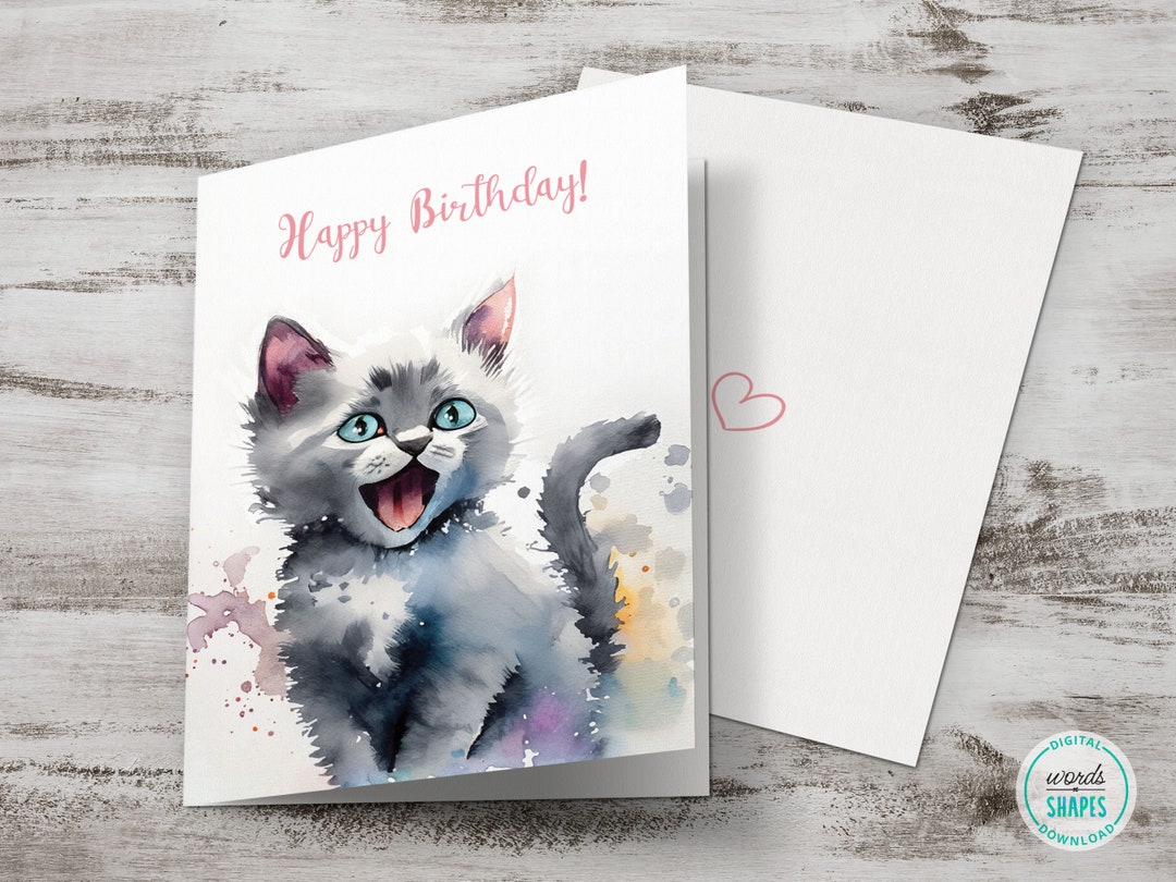 Printable Birthday Card, Cute Kitten Greeting Card, Kitten Watercolor ...