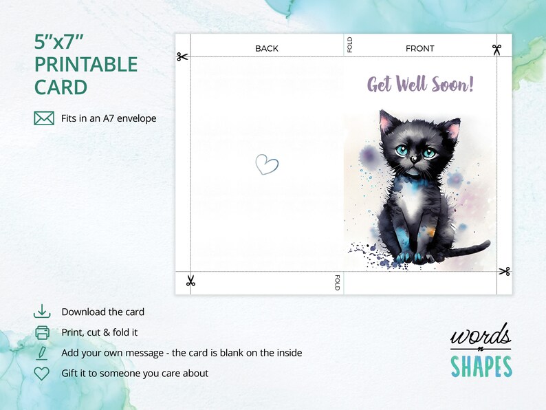 Printable Get Well Soon Card, Cute Kitten Greeting Card, Black Cat ...