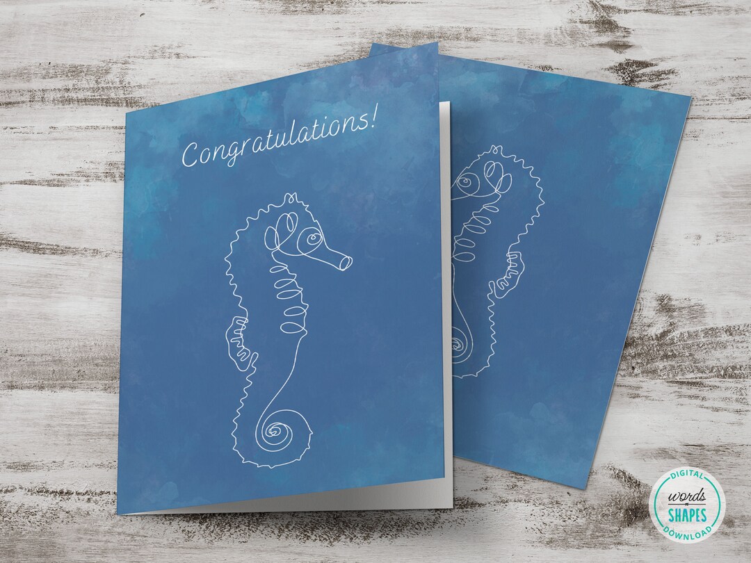 Printable Congratulations Card, Seahorse Line Art Card, Blue Greeting ...