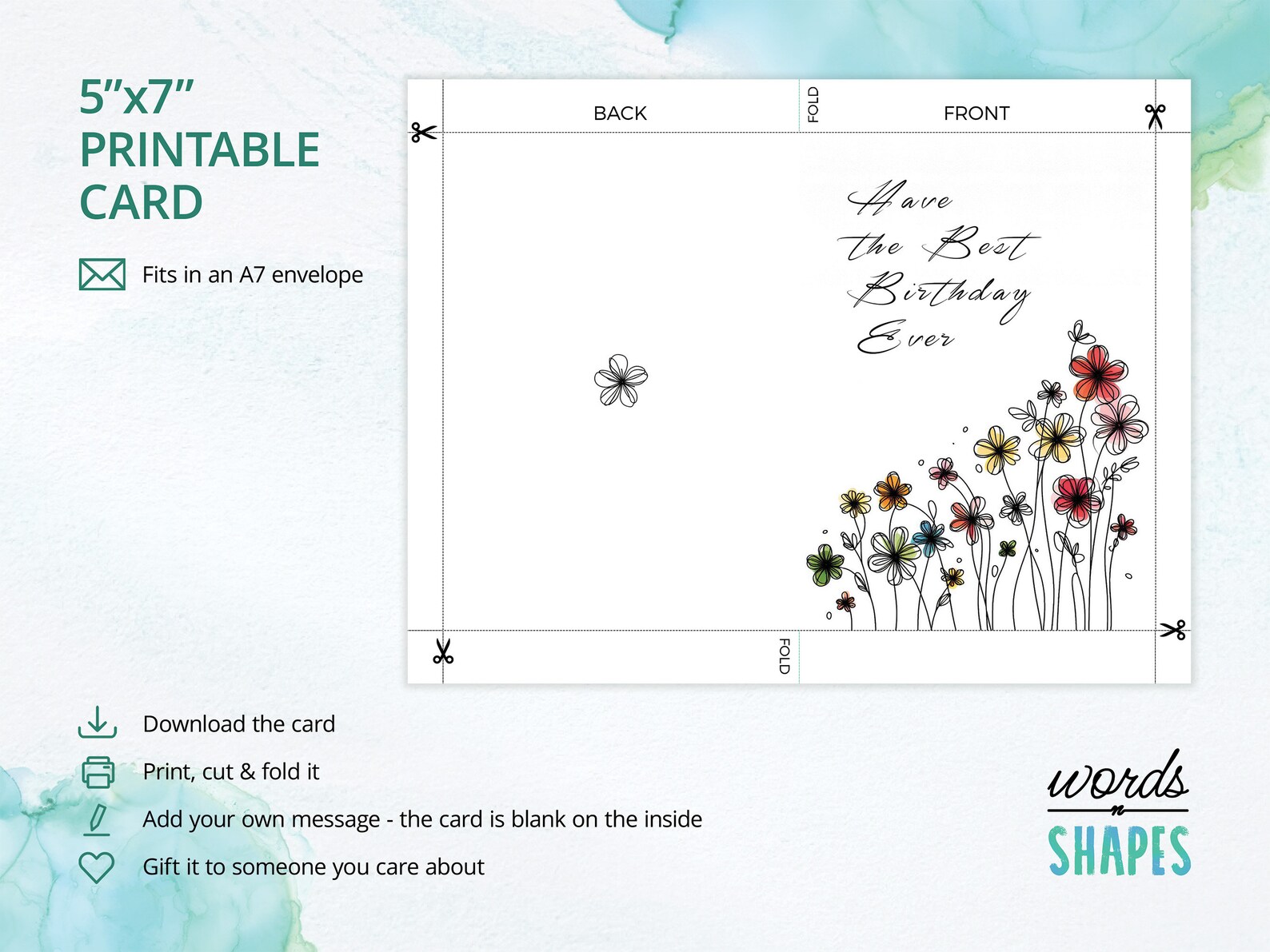 Printable Colorful Birthday Card, Line Art Greeting Card, Floral Happy ...