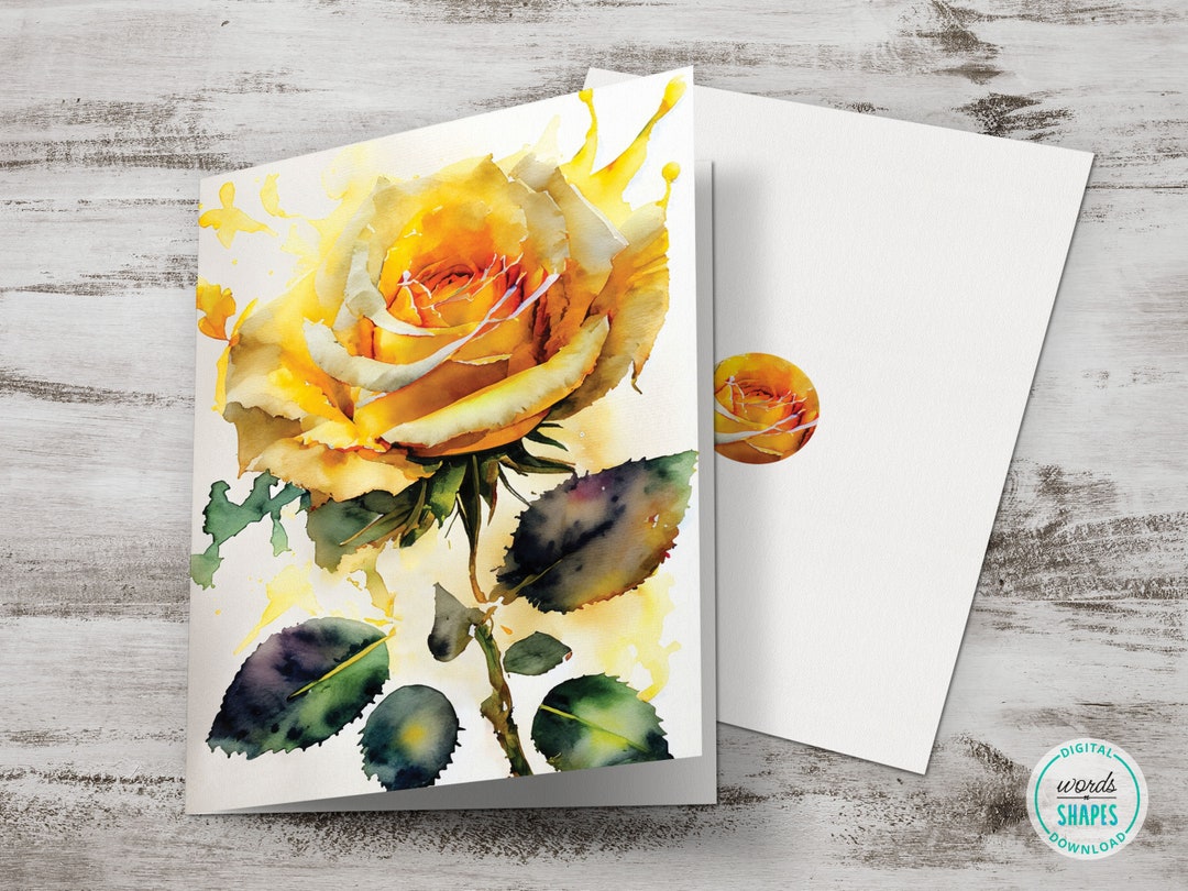 Printable Yellow Roses Watercolor Card, Floral Greeting Card ...