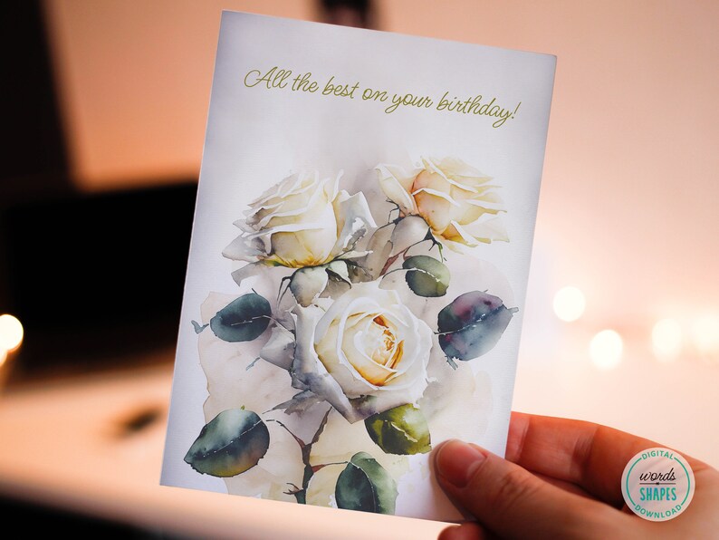 White Roses Birthday Card Printable Happy Birthday Card - Etsy